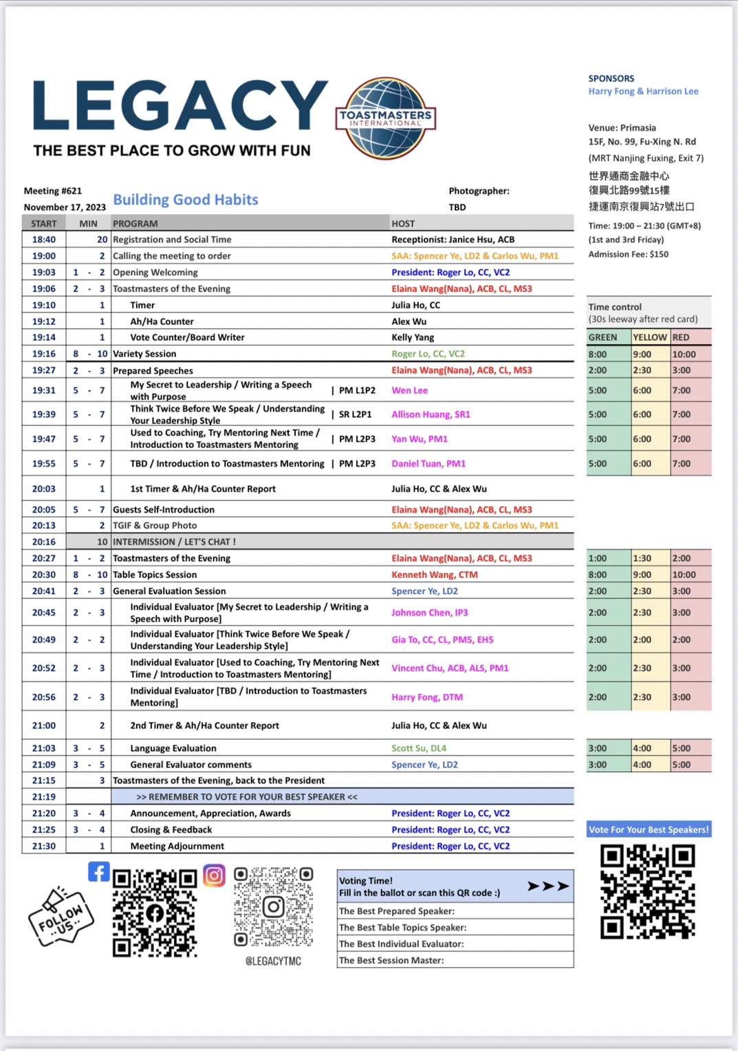 Toastmasters英語演講會－Legacy Meeting 11/17｜Accupass 活動通